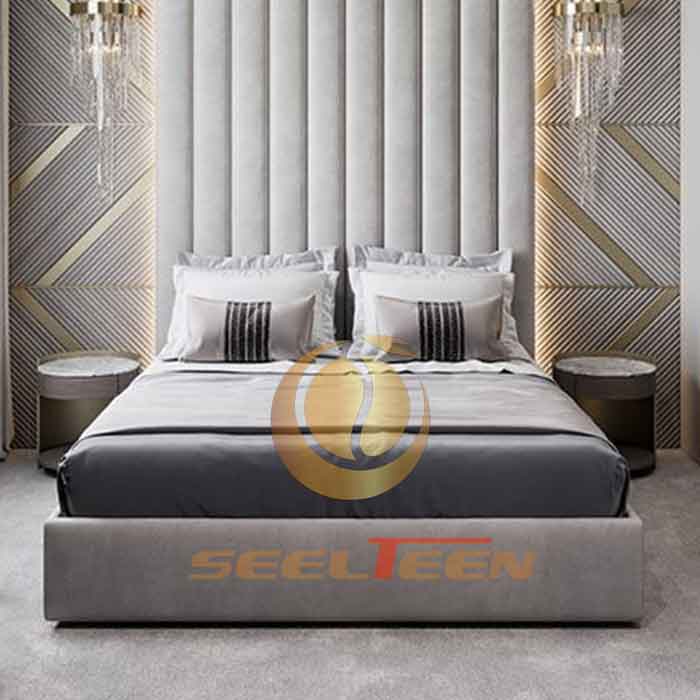 Simple queen bed frame in grey hotel bedroom set - Seelteen