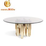 VIP Dining Table Set Gold Pedestal Base Glass Top - Seelteen